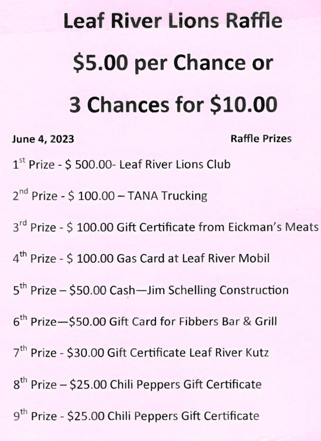 Lions Club Raffle – Leaf River Summer Daze Festival 2025